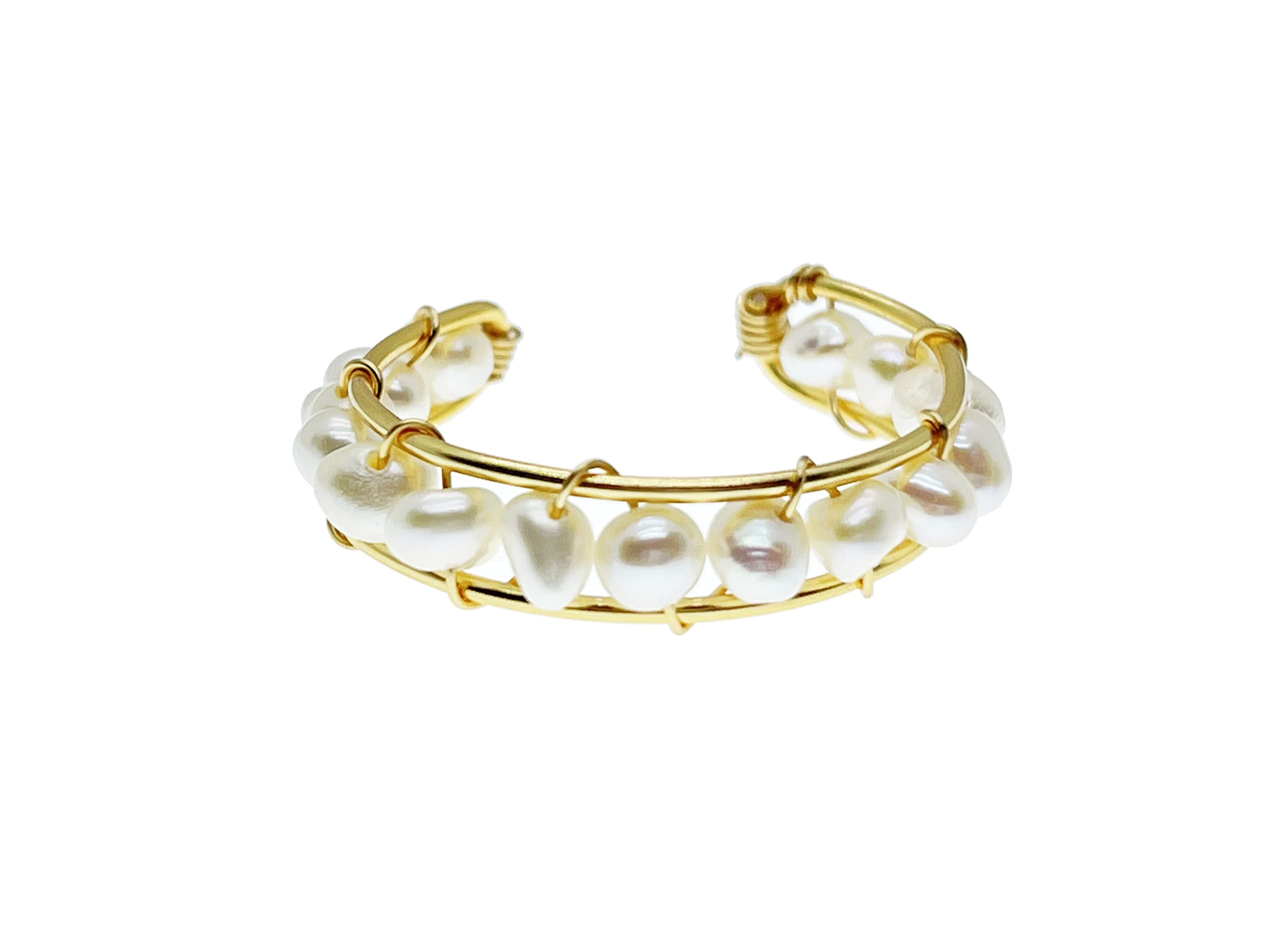 K&H JWL DIVINE CIRCLE// 14k Pearl Beads Gold Wire Wrap Ring, Free Size Stackable