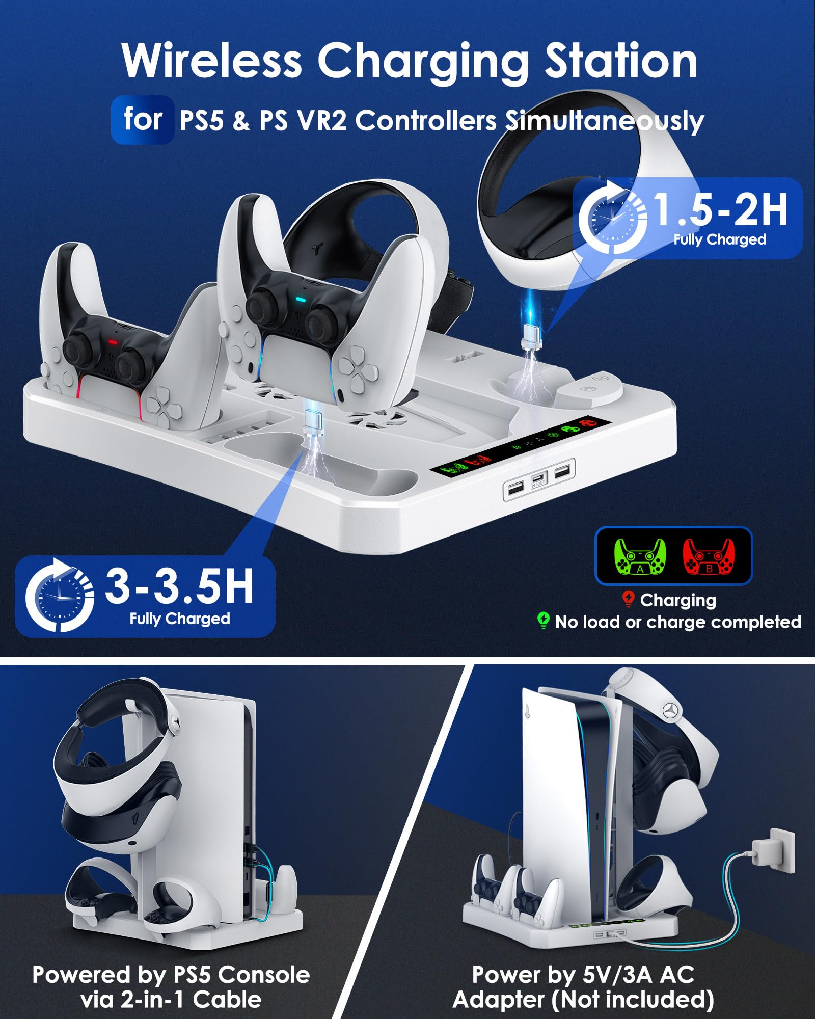 HAPAW PS-5 Cooling Stand & PSVR2 Charging Station, Metal Stand Base, 3-in-1 Storage, Wireless Charging for 4 Controllers, LED Indicators, Compatible with Disc & Digital Editions