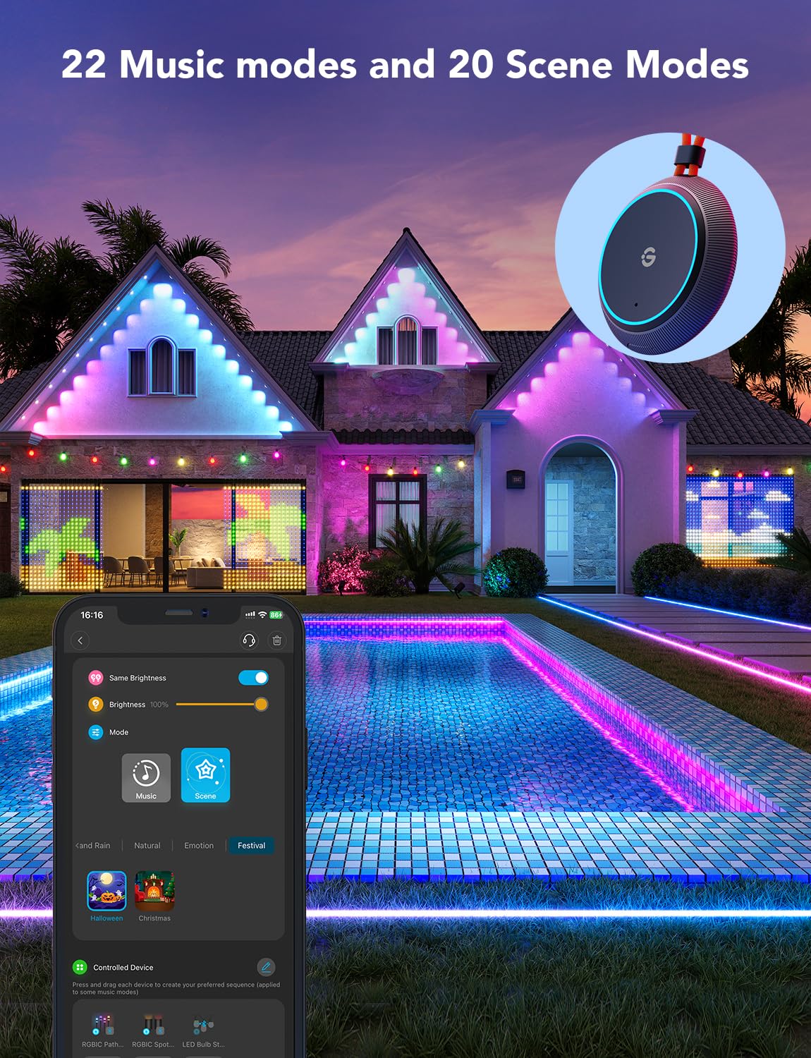 Govee Outdoor Light Show Box, 22 Music Modes and 20 Scene Modes, Bluetooth Smart Group Control 10 Devices, IP65 Waterproof, Battery Powered, USB Charged, Supports Govee Smart Color Lights