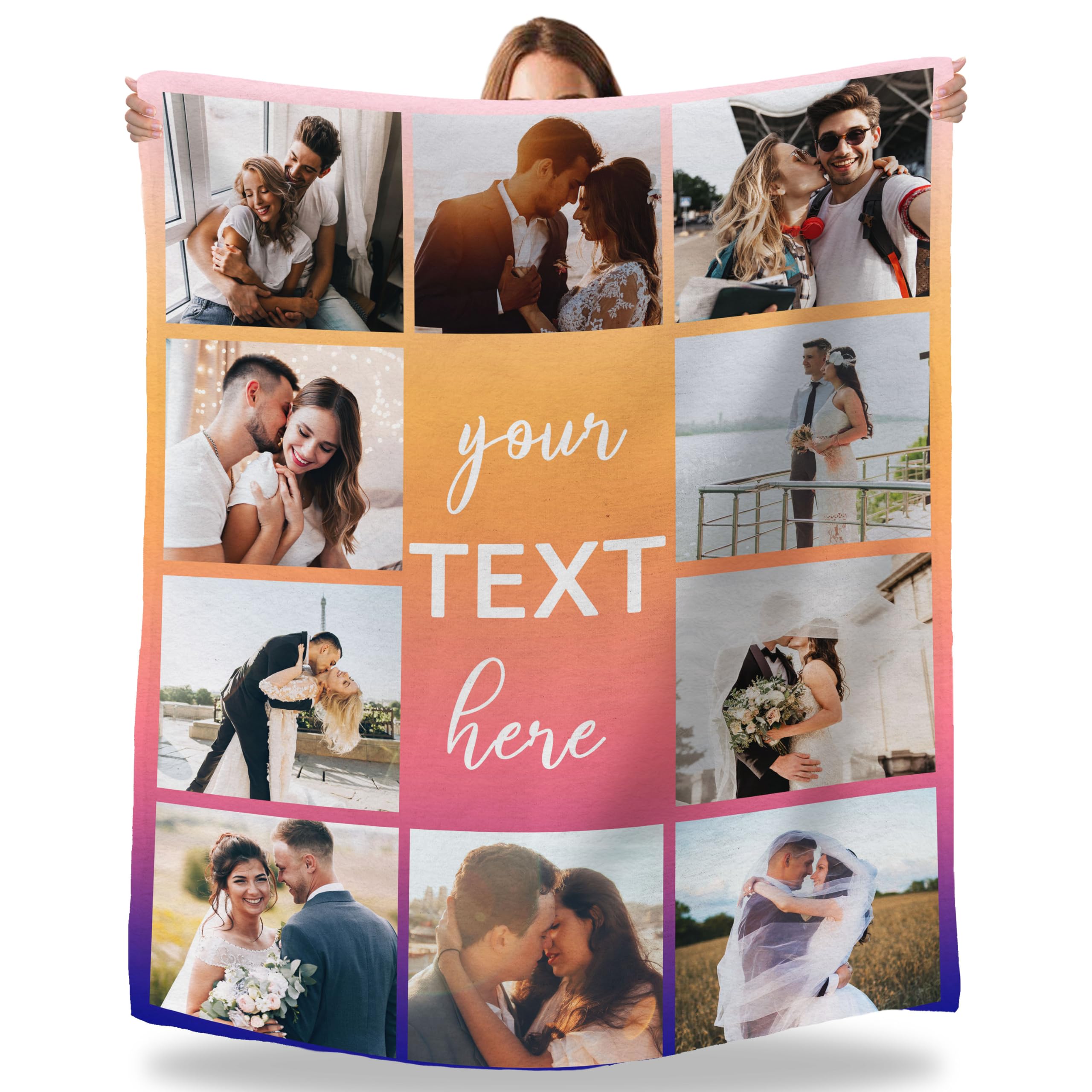Personalized Blanket with Text & Picture Customized Throw Couples Gifts Custom 10 Photos Blankets for Adult Family Wife Husband Valentines Day Wedding Gift