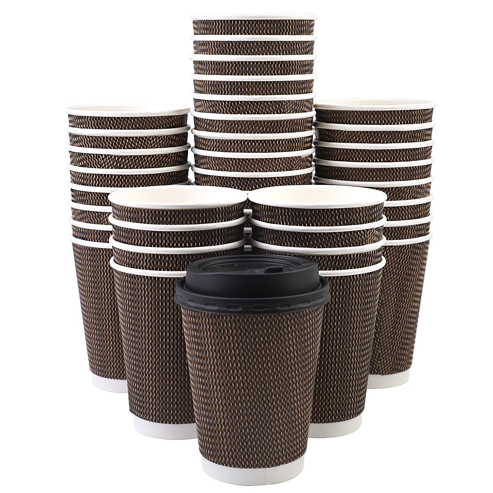 Hssugi 12 Oz Disposable Hot Coffee Cups with Lid, Ripple Wall Paper Cup, Insulated Double Ripple Wall Paper Coffee Hot Cups for Coffee, Tea, Hot Chocolate Drinks(50 pack)
