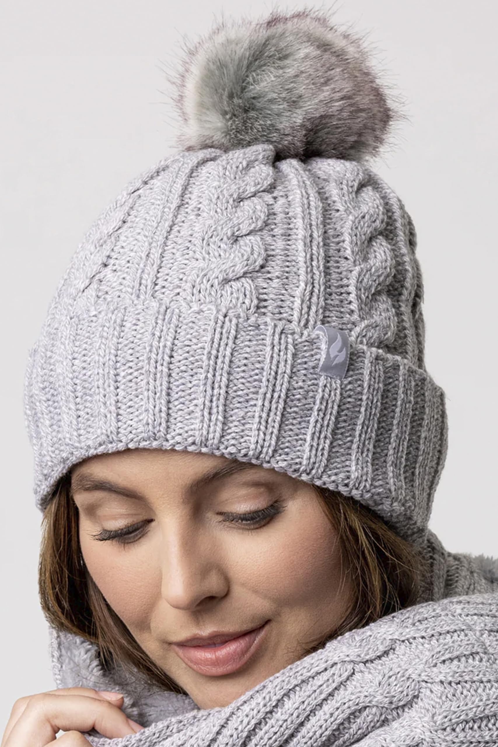 Heat Holders - Womens Thick Knit Thermal Winter Warm Beanie Hat with Pom Pom (One Size, Light Grey)