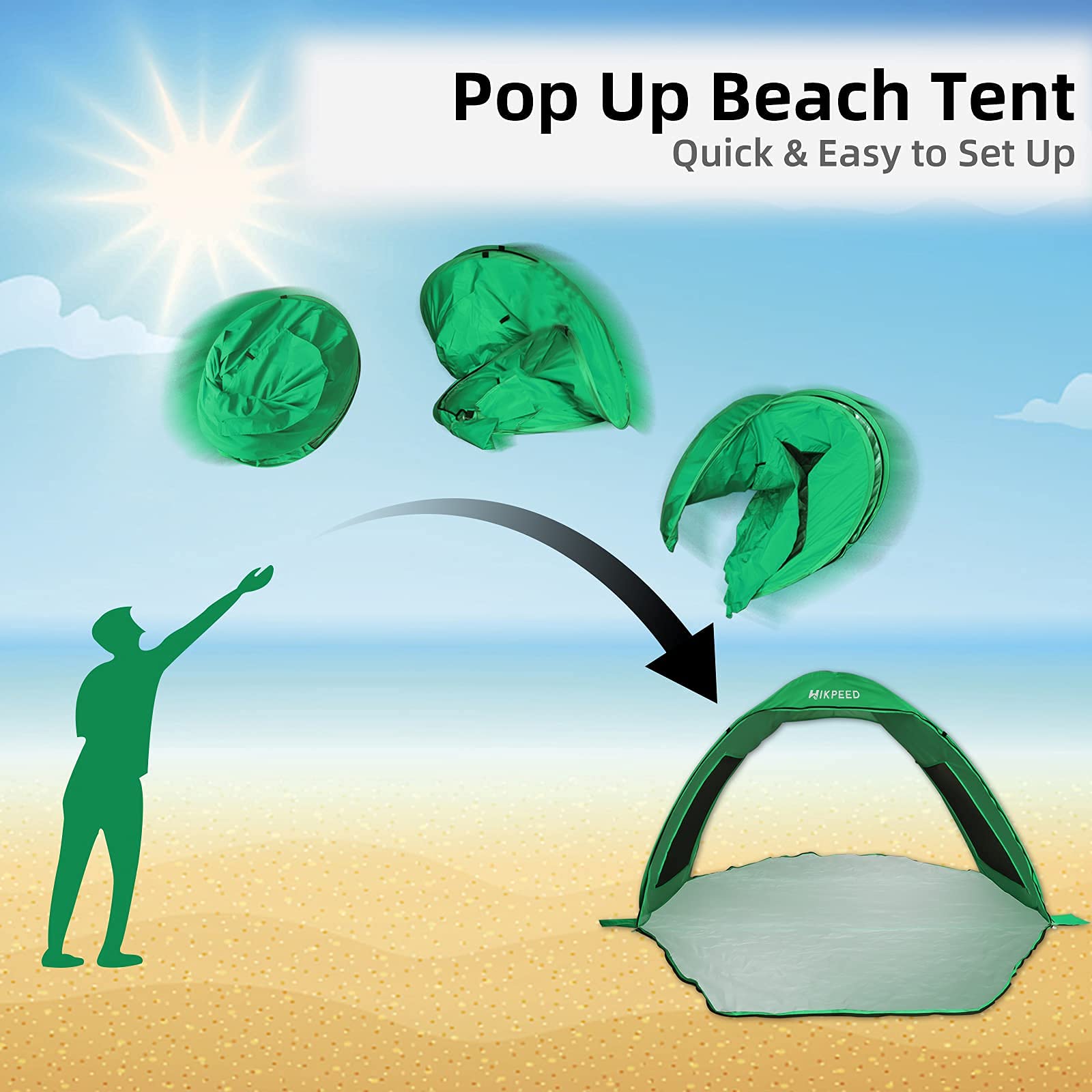 HIKPEED Pop Up Beach Tent for 3-4 Person, Beach Shade Sun Shelter - Beach Tent Pop Up Shade with 2 Doors, Portable Easy Set Up Beach Canopy, with Carry Bag & Stakes & Guy Lines