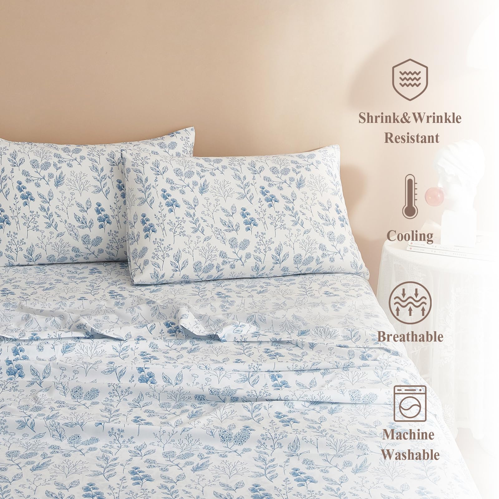 HighBuy Blue Floral King Sheets Set 4 Piece Cooling Bedding Sheet Set - Soft White Deep Pocket 16" - Easy Soft Fitted Sheet King Boho Floral,Flat Sheet,2 Pillowcases Set,Wrinkle Resistant