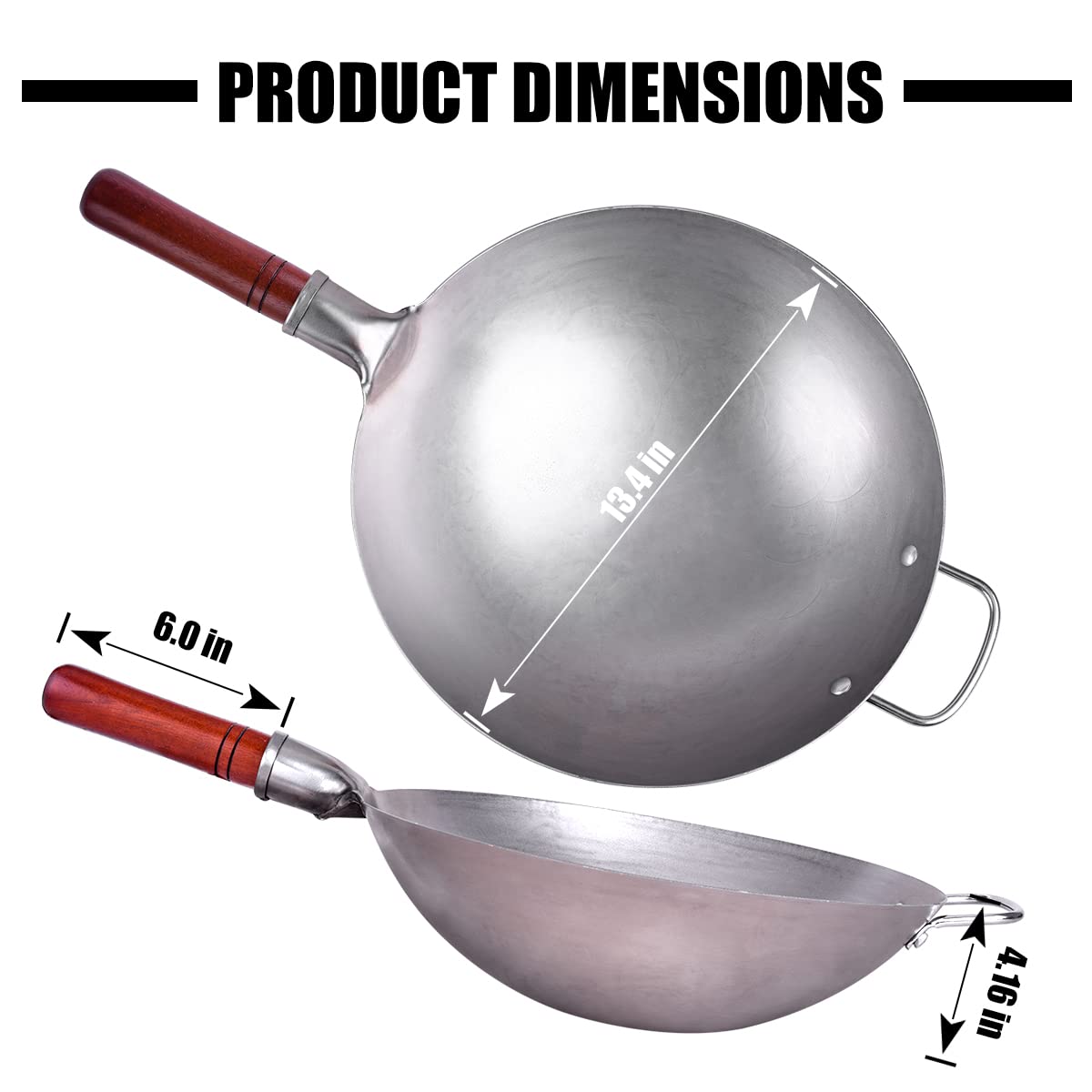 teewe 13.4” Chinese Wok Round Bottom Wok & 12.9” Wok Pan with Lid, Woks & Stir-fry Pans with 12 Cookware Accessories Bundle Deal
