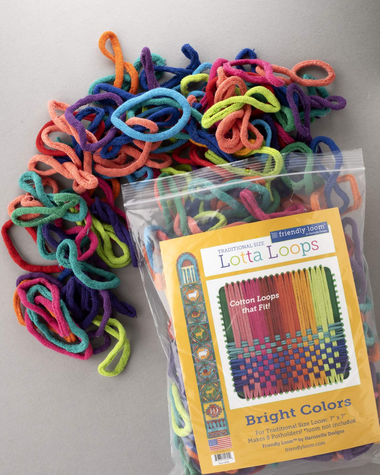 Harrisville Designs Friendly Loom Lotta Loops 7" Traditional Size Bright Cotton Loops Makes 8 Potholders, Weaving, Crafts for Kids and Adults