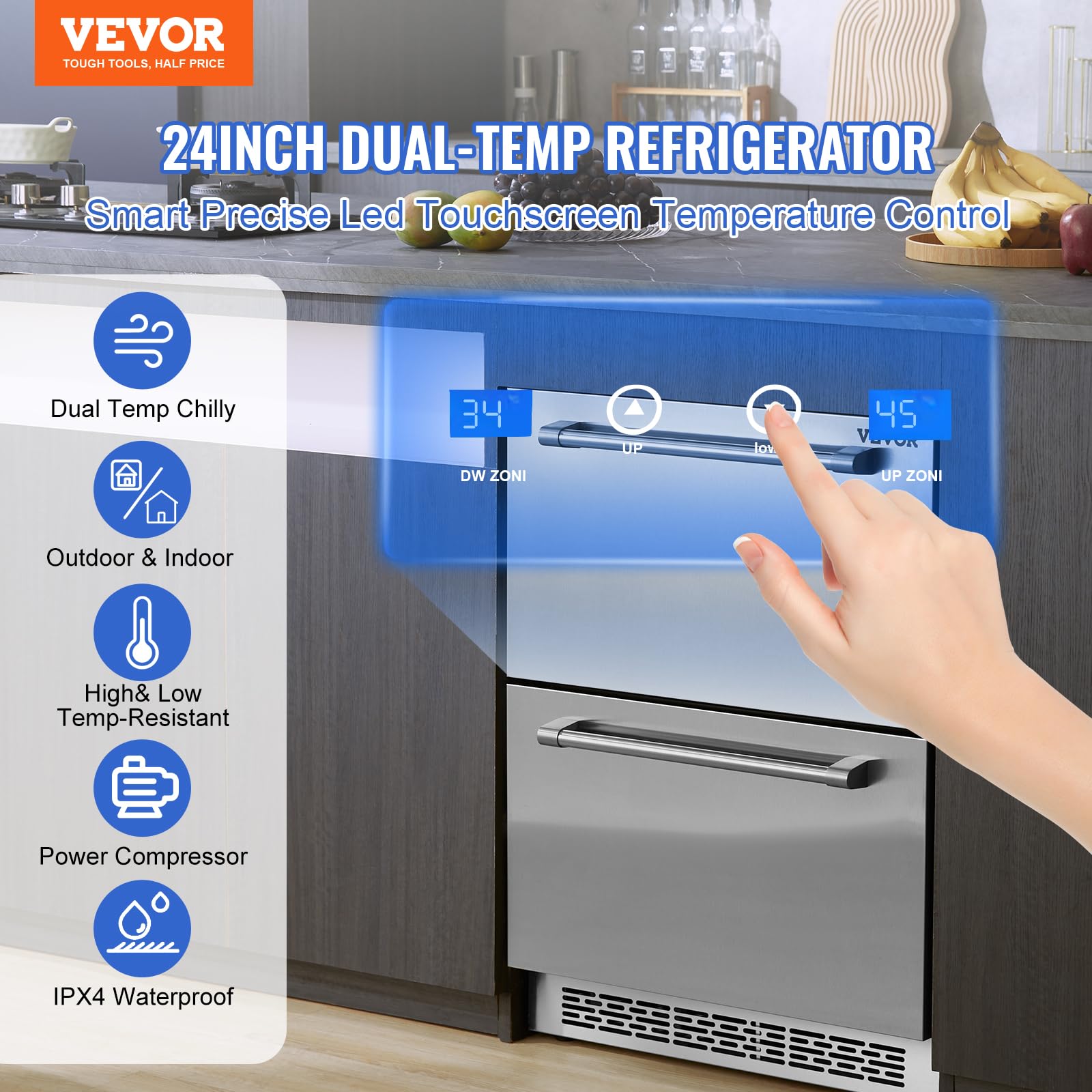 VEVOR 24" Undercounter Refrigerator, 2 Drawer Wine Refrigerator with Different Temperature, 4.87 Cu.ft. Capacity, Waterproof Indoor and Outdoor Under Counter Drawer Fridge for Home and Commercial Use