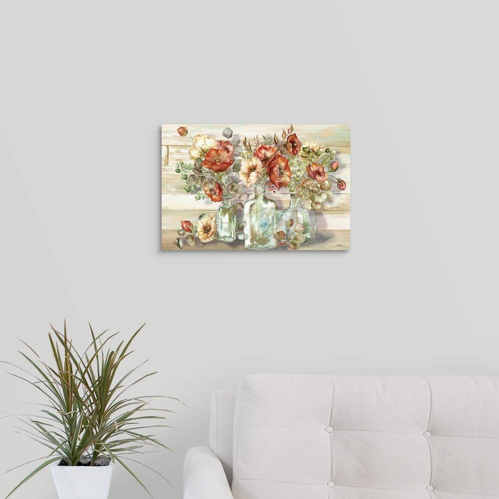 GREATBIGCANVAS Spice Poppies and Eucalyptus in Bottles Canvas Wall Art Print, Poppy Home Decor Artwork, 36"x24"x1.5"