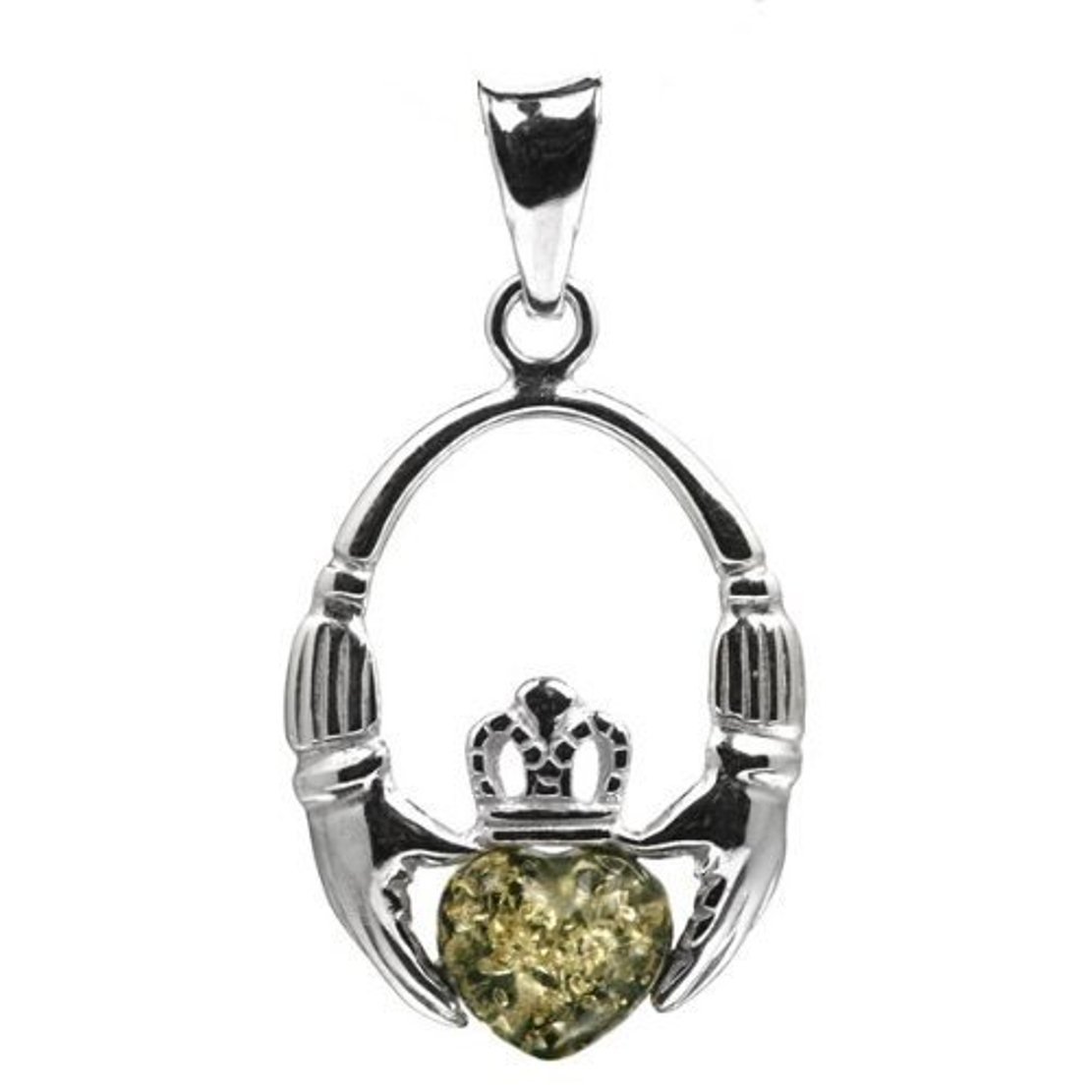 Green Amber and Sterling Silver Claddagh Celtic Irish Pendant