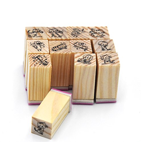 Youkwer 12 Pcs Mini Cute Wooden Rubber Stamps Set For Letters,Diary Craft,Scrapbooking in Matchbox(Vintage Lovely Cat)