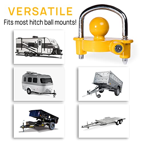 VaygWay Trailer Coupler Lock - Premium Quality Yellow Universal Anti-Theft Adjustable Storage Security Heavy-Duty Steel Trailer Ball Lock, Security Towing Lock Trailer, Boat -Fits 1-7/8",2β, 2-5/16"