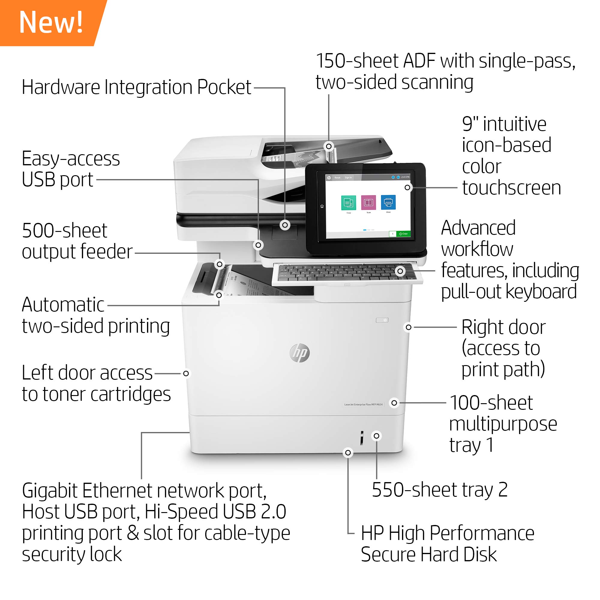 HP LaserJet Enterprise Flow MFP M634h Monochrome All-in-One Printer with built-in Ethernet & 2-sided printing (7PS95A) (Renewed)