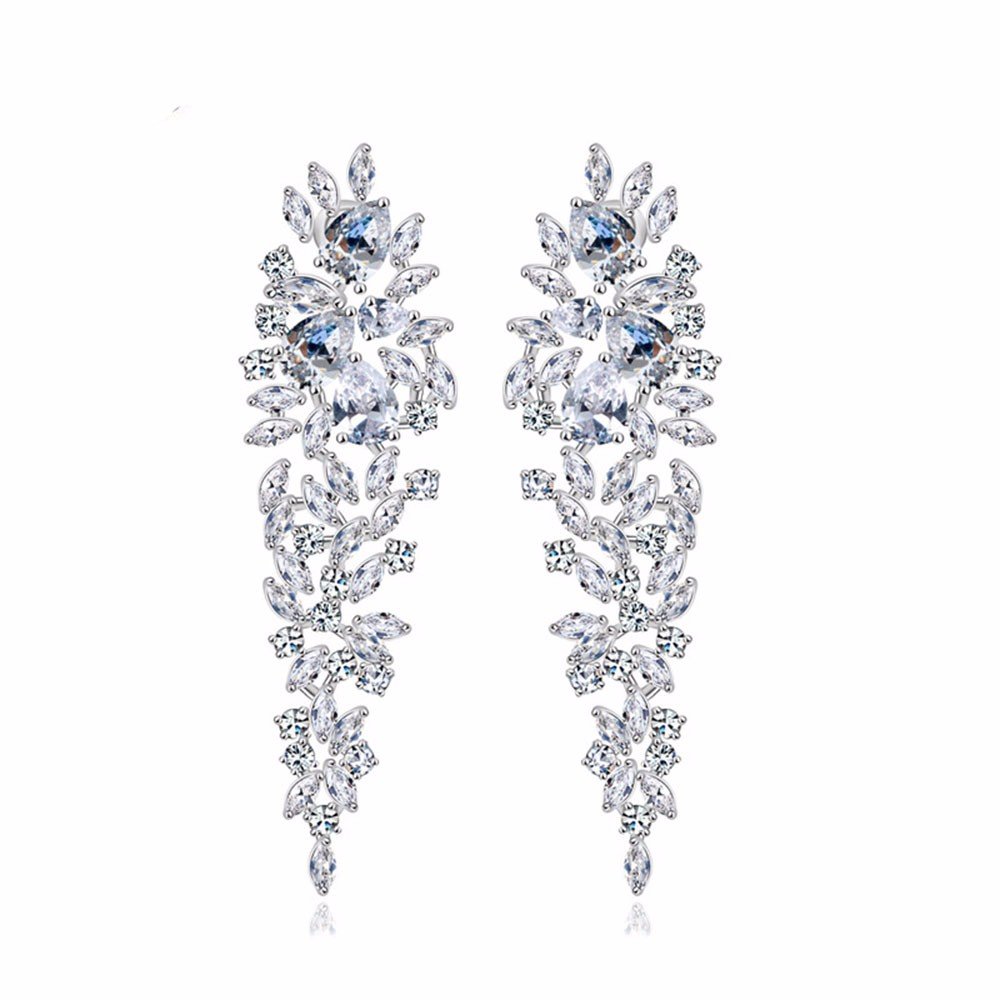 GULICX Shinning Cubic Zirconia Art Deco Leaves Drop Chandelier Dangle Wedding Earrings for Brides Silver Tone