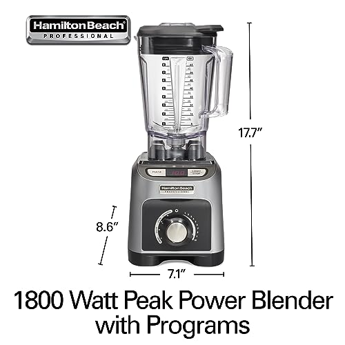 Hamilton Beach Professional 1800W Blender with 64oz BPA Free Jar, LED Timer, 4 Programs & Variable Speed Dial for Puree, Ice Crush, Shakes and Smoothies, Silver (58850)