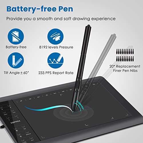 XOPPOX Graphics Drawing Tablet 10 x 6 Inch Large Active Area with 8192 Levels Battery-Free Pen and 12 Hot Keys, Compatible with PC/Mac/Android OS for Painting, Design & Online Teaching