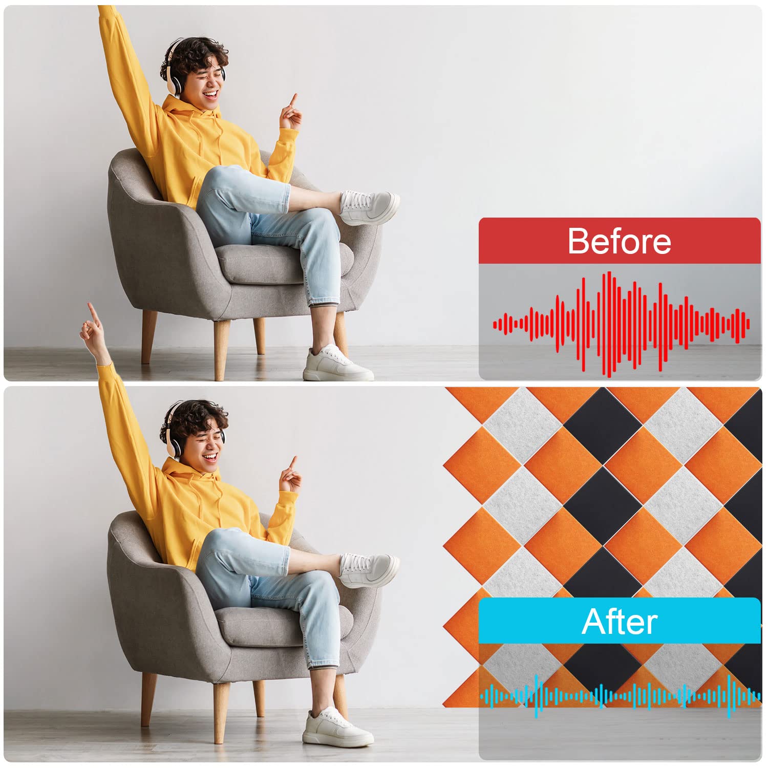 JBER Professional Acoustic Foam Panels, Sound Proof Padding Soundproofing Absorption Panel, 12" x 12" x 0.4" High Density Beveled Edge Wall Tiles for Acoustic Treatment -12 Pack Orange