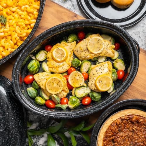 Granite Ware Roasting Set Covered 13 in and 15 in Oval roaster and 3 lb round roaster. Enameled Steel design to accomodate up to 7 lb and 10 lb poultry/roast. Resists up to 932°F.