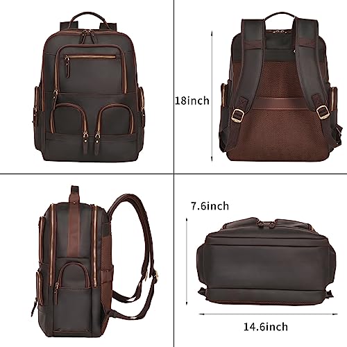 ZHYOL Mens Full Grain Genuine Leather 17.3" Laptop Backpack with USB Charging Port Multi Pockets Business Weekender Hiking Shoulder Daypacks Travel Laptop Bag for Men