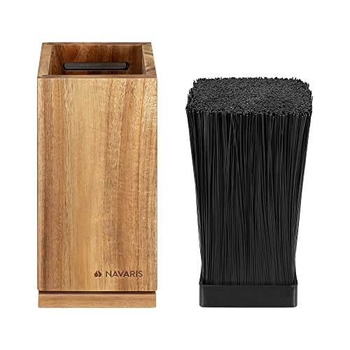 Navaris Rotating Wood Knife Block - Magnetic Universal Holder without Knives - Kitchen Storage with Plastic Bristles and Magnetic Sides - Acacia
