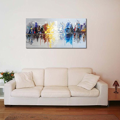Hand Painted Modern Cityscape Textured Oil Painting on Canvas Reflection Abstract City Wall Art Decor