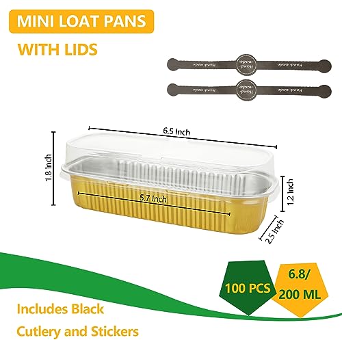 WOPPLXY 100 Pcs Mini Cake Pans with Lids, 6.8 Oz Mini Loaf Pans with Lids and Spoons, Aluminum Foil Mini Loaf Baking Pans Disposable Cake Pans with Lids for Cake Bread Muffin Wedding Birthday Party