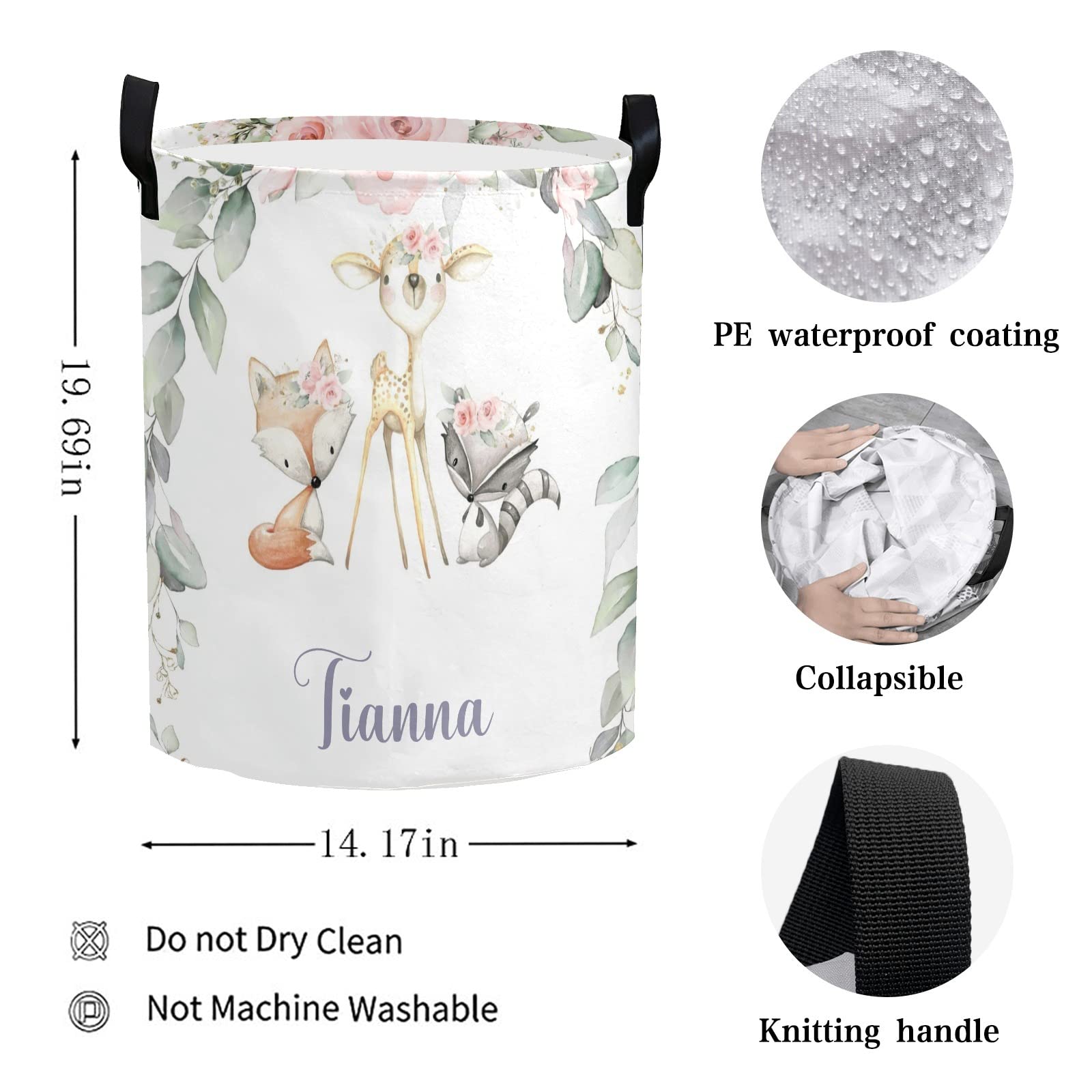 Personalized Custom Giraffe Fox Cute Lovely Collapsible Large Sized Clothes Hamper with Knitting Handles for Baby Girls Boys Kids Nursery Clothes Things