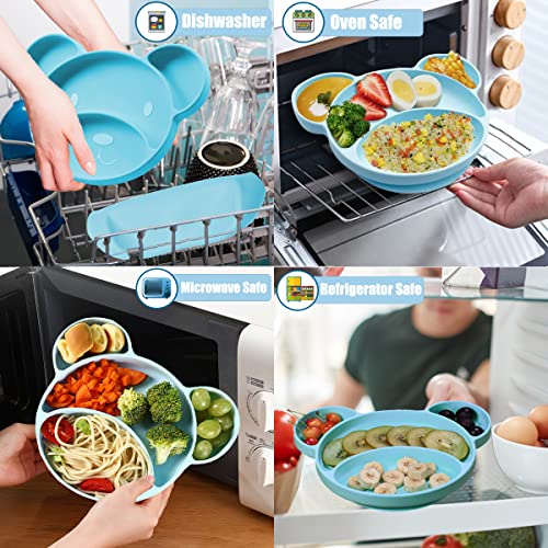 xuan dian Silicone Baby Feeding Set, Silicone Suction Plate Shape Self Feeding Adjustable Bib,Suction Plate for Baby Toddler with Spoon Fork Adjustable Bib Set-Blue