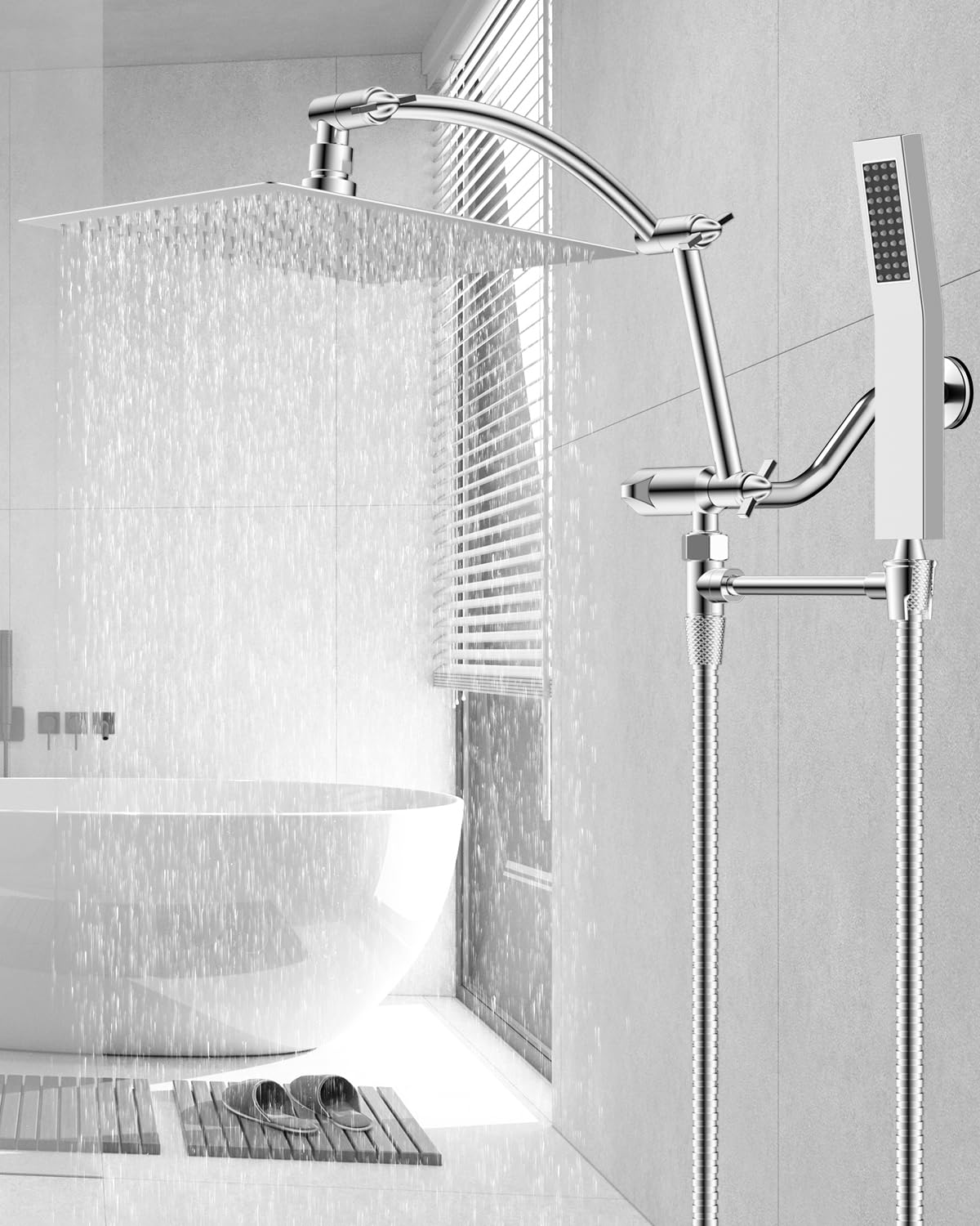 Hibbent All Metal 12'' Rainfall Shower Head, Square Shower Head Combo, High Pressure Handheld Shower Wand, 16'' Adjustable Arc-shaped Shower Extension Arm, 71'' Hose, 2 Showerhead Holders, Chrome