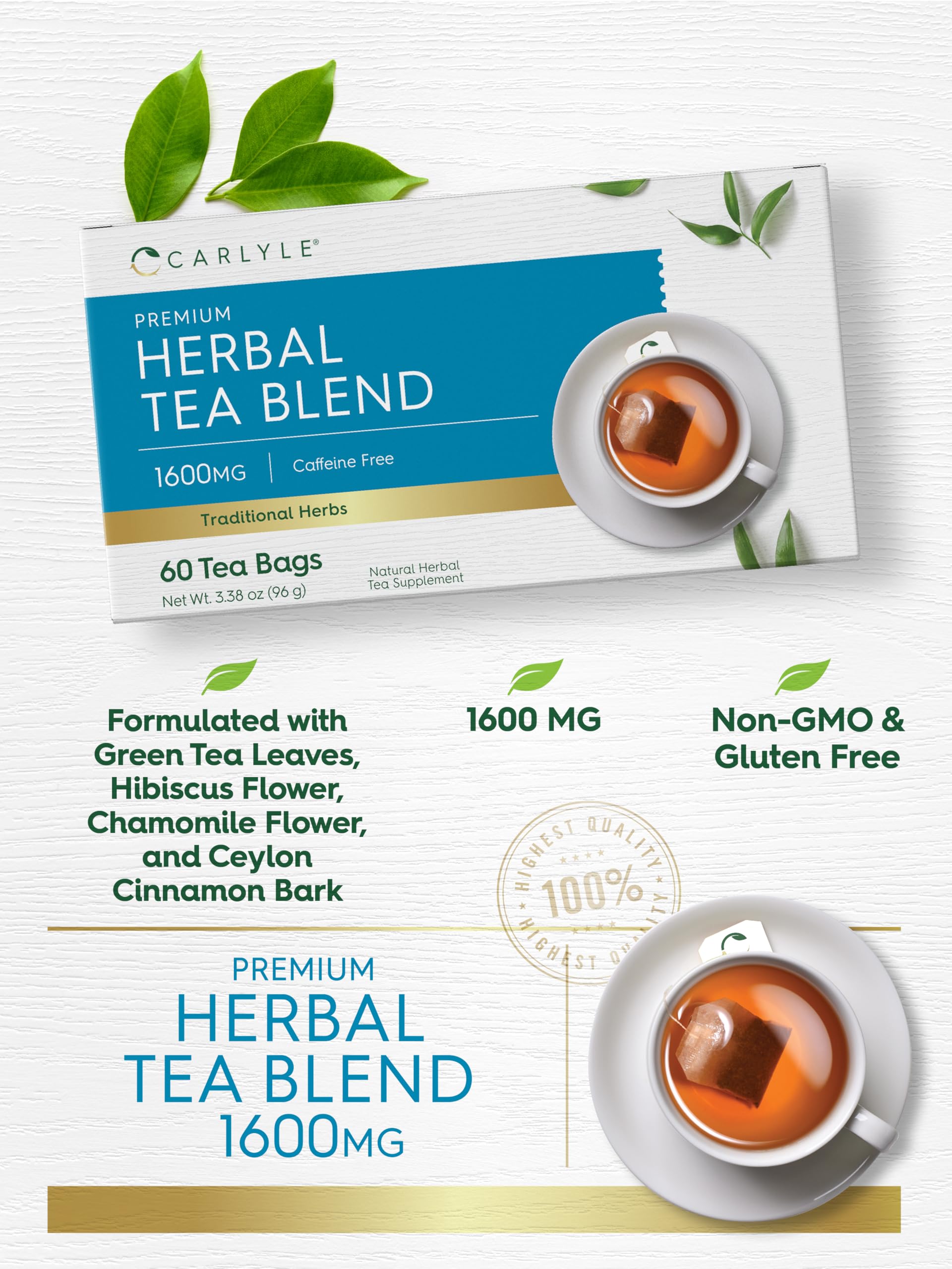 Herbal Tea Blend | 60 Tea Bags | Caffeine Free Herbal Tea Supplement | Vegetarian, Non-GMO & Gluten Free | by Carlyle