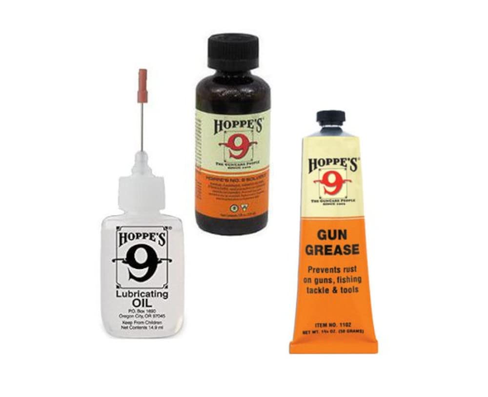 Gun Bore Cleaner, Precision Lubricating Oil, & Gun Grease with 50 Patches and Protective Carry Case for .38, 9mm, 40, 44 and .45 Caliber Handguns/Pistols