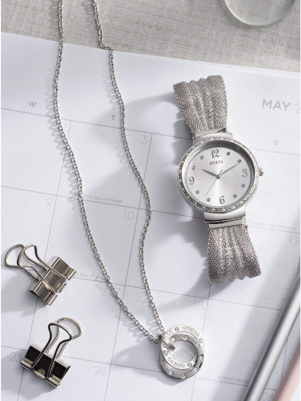 GUESS Women's Stainless Steel japanese-quartz Watch with Mesh Strap, Color: Silver-Tone (Model: U1083L1)