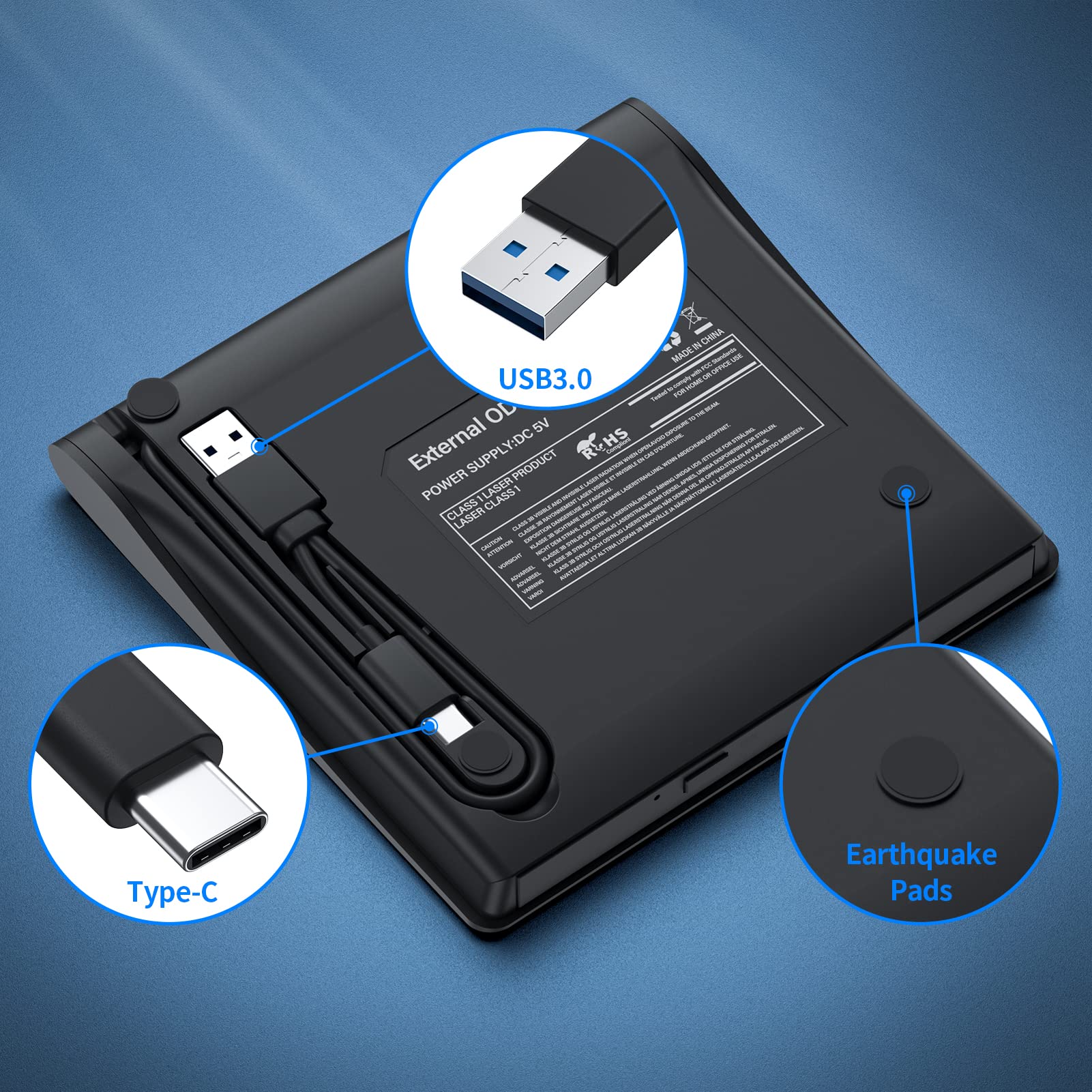 OOCLCURFUL External CD/DVD Drive for Laptop, USB 3.0 Type-C Portable CD/DVD Optical Drive Player Reader Writer CD Burner, Compatible with Laptop Desktop PC MacBook Mac Windows Linux OS (Jet Black)