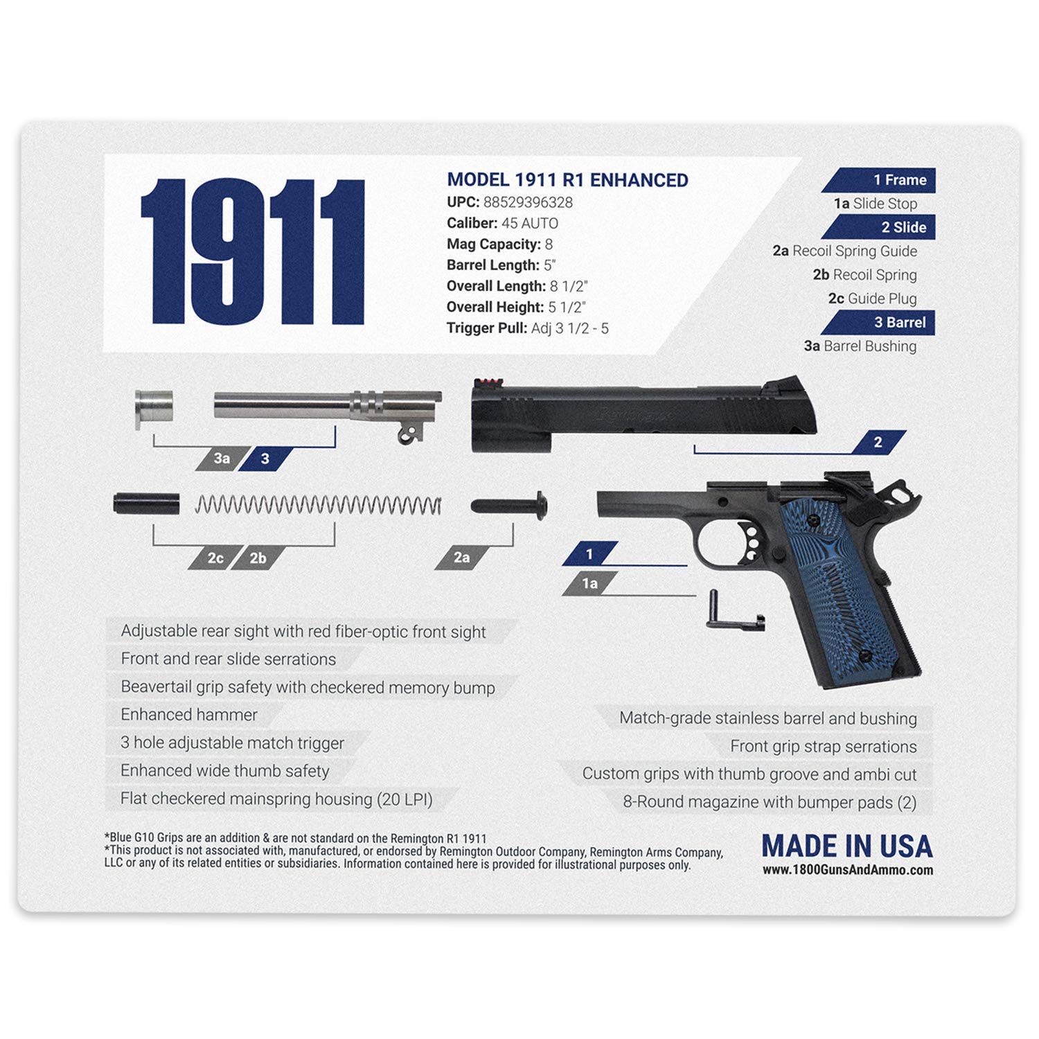 Gun Cleaning Mat - 16" x 20" Cleaning Pad for Remington 1911 with Parts Diagram, Absorbent, Waterproof, Made in the USA
