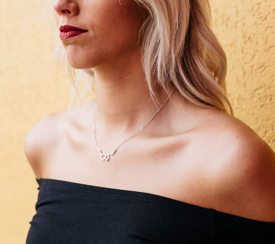 Happiness Serotonin Molecule Necklace With Gems For Women, Ideal Necklaces For Teacher, Professor, Chemistry Grad, And Science Jewelry Lovers (White)