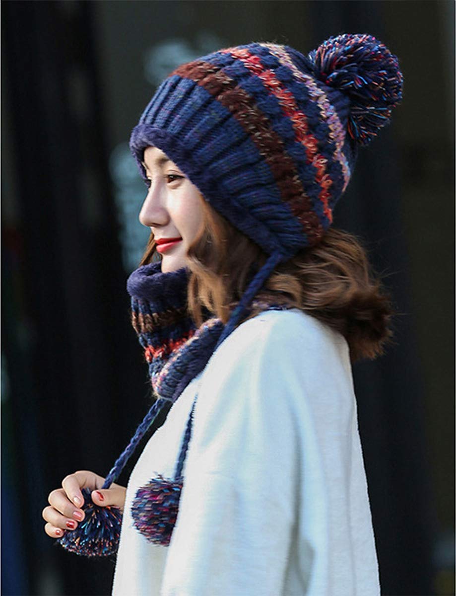 HUAMULAN Women Winter Beanie Hat Circle Scarf Set Pompoms Peruvian Ski Snow Ear Flaps Sherpa Knit Hats Fleece Lined Slouchy