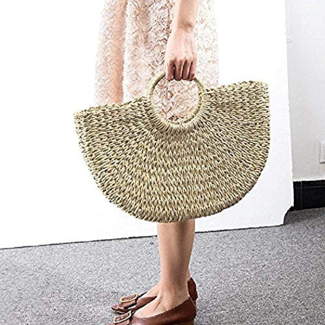 Hand-woven Straw Large Hobo Bag for Women Round Handle Ring Toto Retro Summer Beach Straw Bag (Beige)