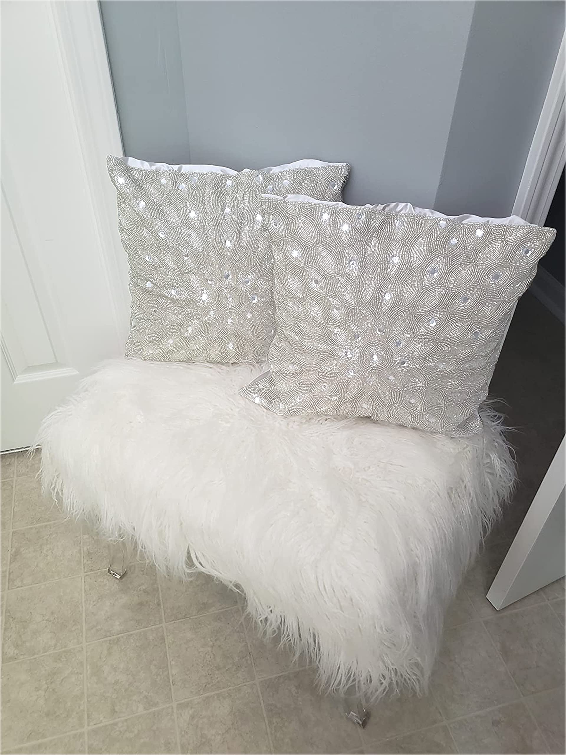 Hand Beaded Decorative Pillow Cover -16x16 Inch - Silver, Handwoven Pillow, Handmade by Skilled Artisans, A Beautiful and Elegant Accessory to Dress up Your Couch, Sofa and Bed - Only Cover - 2 Pack