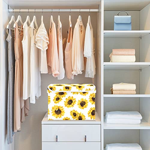 stargrass Foldable Storage Bin Fabric Decorative Storage Box with Lid and Handles,Flower Sunflower Yellow Collapsible Storage Basket 11.8x12.6x16.5 Inch