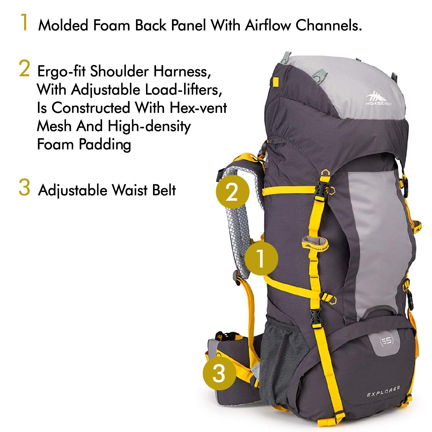 High Sierra Explorer Top Load Internal Frame Hiking Pack, Mercury/Ash/Yell-O, 55L / 30-Inch