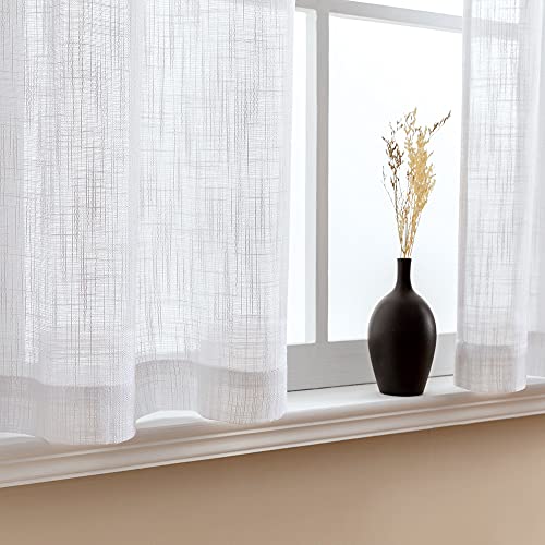 XTMYI White Kitchen Curtains 24 Inch Length Set of 2 Panels Cafe Curtain Tiers Linen Textured Semi Sheer Boho Farmhouse Short Curtains for Small Bathroom Basement Window RV Camper