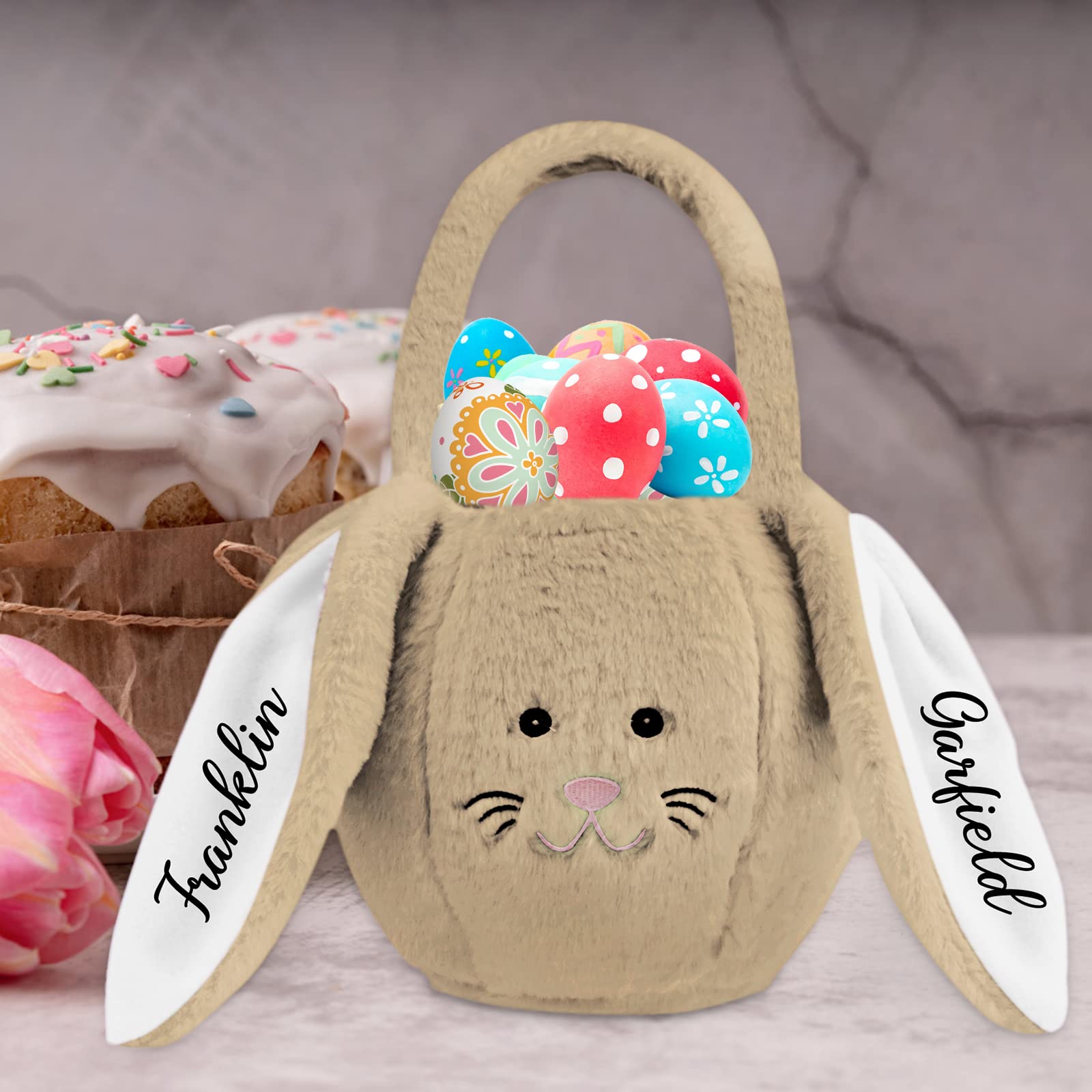 Personalized Easter Buckets with Name Custom Plush Buny Easter Basket with Handle Long Ears, Customized Egg Hunting Bags Easter Gift for Boys Girls, Easter Tote Bag for Candy(Brown)