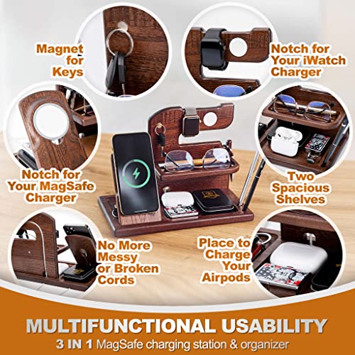 TESLYAR Wood Phone Docking Station Charger Xmas Gifts for Men or Dad for Husband Birthday Wife Nightstand Organizer Key Holder Wallet Solid Ash
