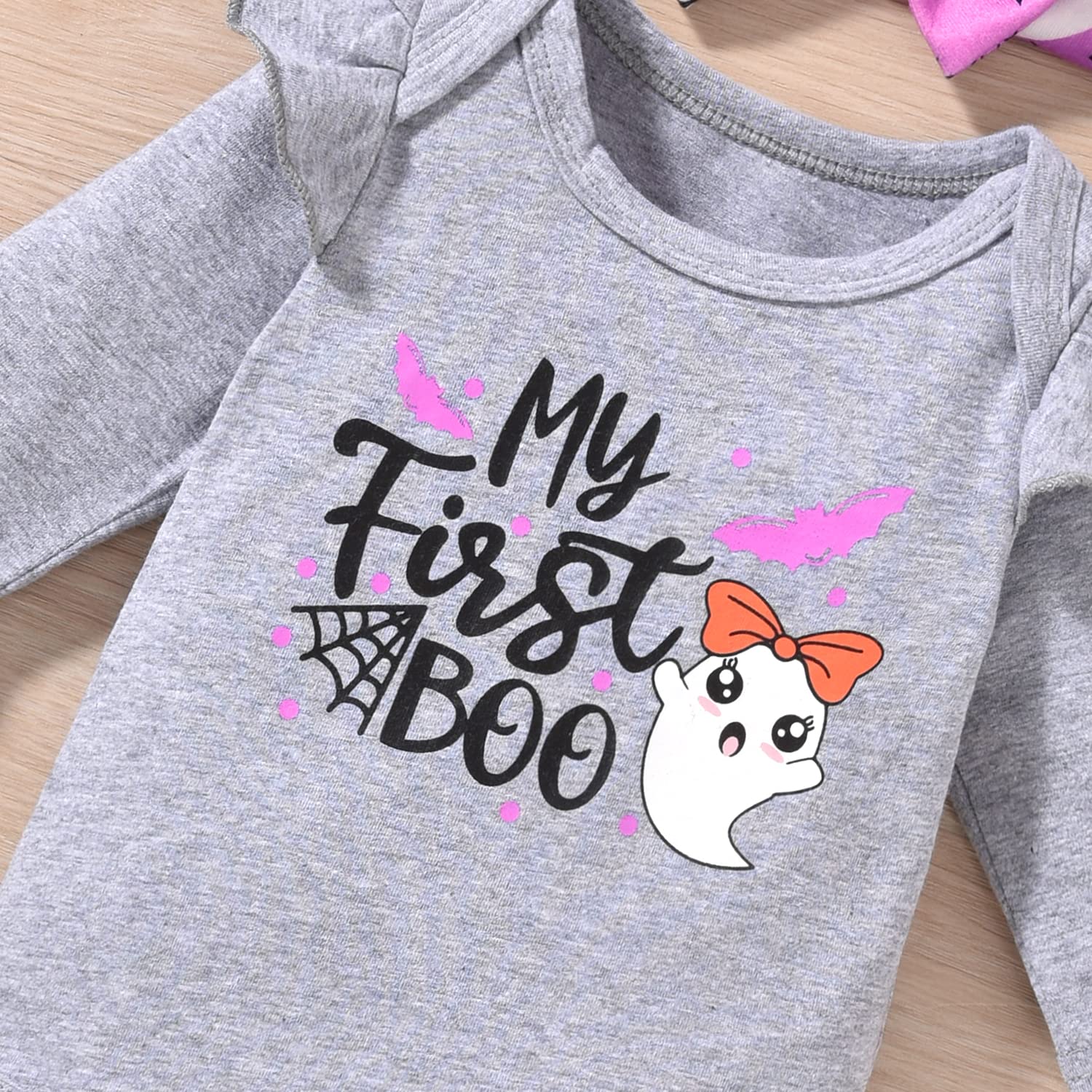 HINTINA Infant Baby Girl My First Boo Halloween Outfits Pumpkin Ghost Bodysuit Clothes Set 3-6 Months