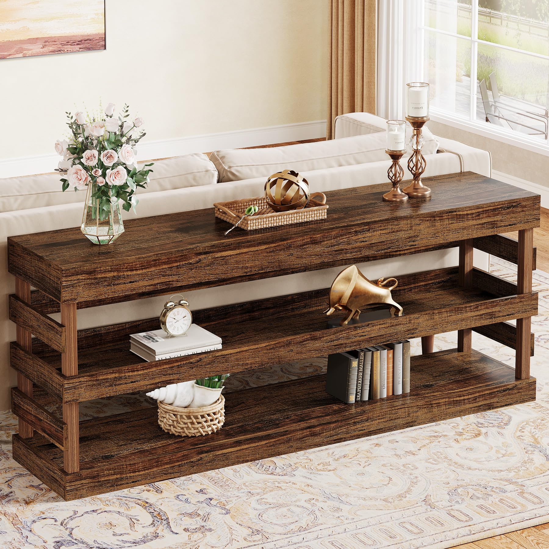 Tribesigns 70.9-Inch Extra Long Console Table, Farmhouse Entryway Table with 3-Tier Storage Shelf, Narrow Sofa Table Behind Couch, Wood Console Table for Living Room, Hallwahy, Foyer