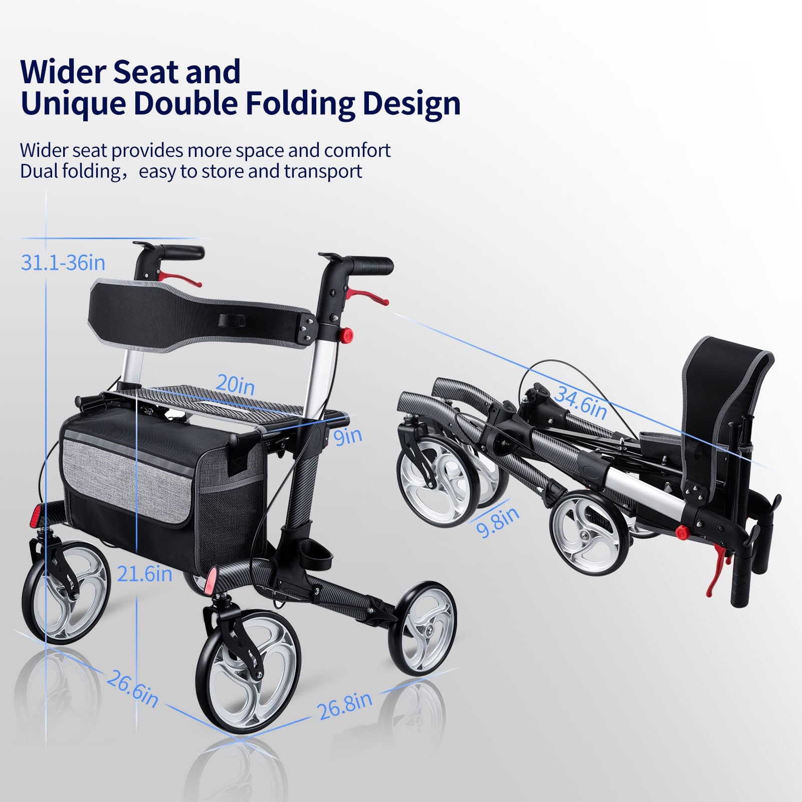 HAMED Heavy Duty Rollator Walker with Extra Wide 20" Seat, Support to 400 lbs, Double Folding Rolling Walker for Senior with 10" Wheels, Aluminum Mobility Walking Aid, Black