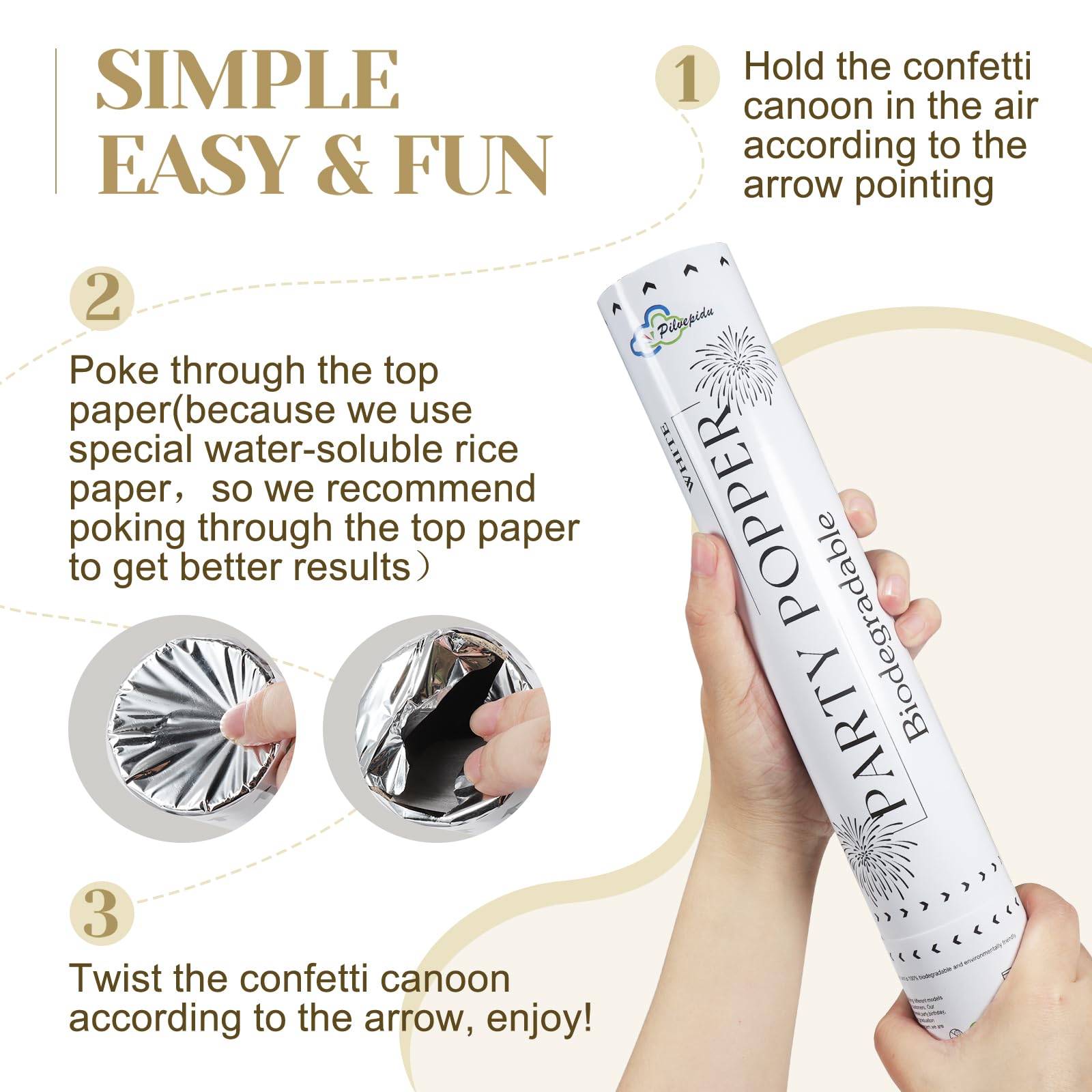 White Confetti Poppers,Rice Paper For Wedding,Biodegradable Confetti Cannon,6Pack Biodegradable Confetti Party Shooters Air Power, Party Party For Lawns Wedding,Birthday,Outdoor Celebrations