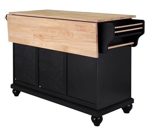 Rolling Kitchen Island Cart with 5 Universal Wheels and 5 Solid Wood Cabinet Feet,Greenguard Gold Certified,Kitchen Island with Rubberwood Drop Leaf-Mobile Kitchen Island with Storage and Drawer,Black