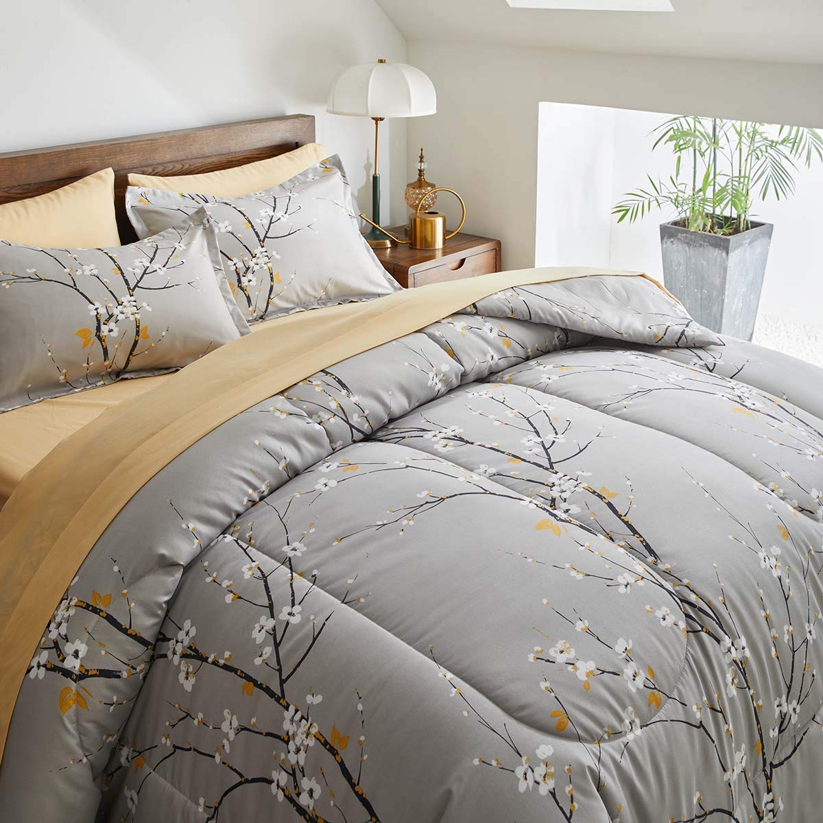 Gray Comforter Sheet Set Bed in a Bag 7 Pieces King Size Tree Branch Bloom Flower Spring Summer Bedding Set (1 Comforter 2 Pillow Shams 1 Tan Flat Sheet 1 Fitted Sheet 2 Pillowcases)
