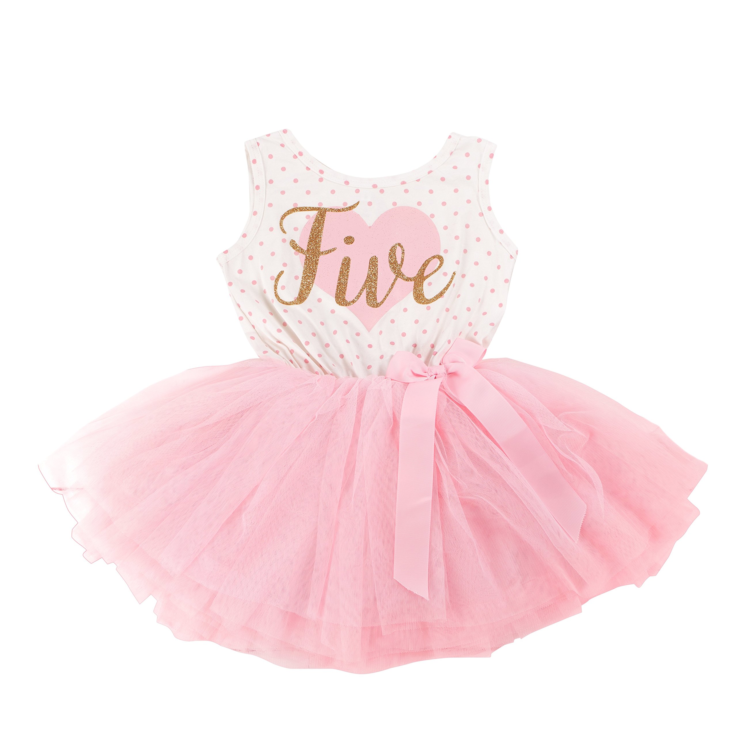 Grace & Lucille 5th Birthday Dress (Pink Polka Dot Sleeveless, Flat Heart Gold, 5T)