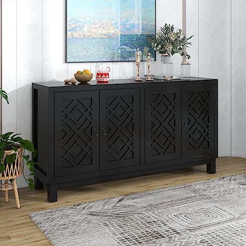 Wood Storage Cabinet, Large Storage Space Sideboard, 4 Door Buffet Cabinet with Pull Ring Handles for Living Room, Dining Room, Easy Assembly (Black)